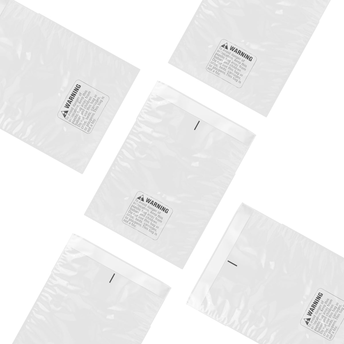 SAMPLES of All 5 Clear Poly Bag Sizes [Self Seal] [with Suffocation Wa