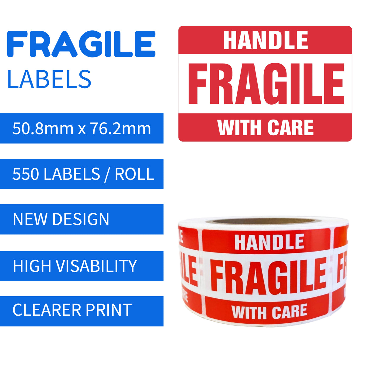 Fragile Label 50.8x76.2mm Handle With Care Adhesive Sticker 550 Labels