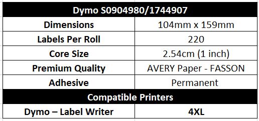 DYMO Compatible Labels for 4XL Printer 4x6 inch 104mm x 159mm 220 Labe