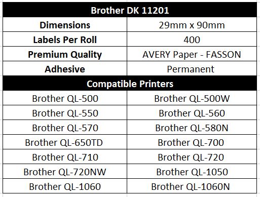 BROTHER Compatible Labels 29mm x 90mm 400 Labels/Roll [DK11201]