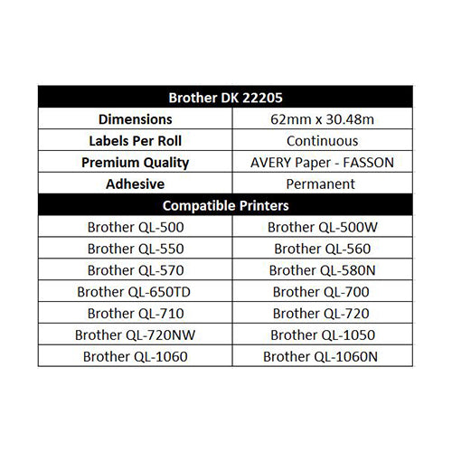 BROTHER Compatible Labels 62mm x 30.48m Continuous Roll [DK22205]